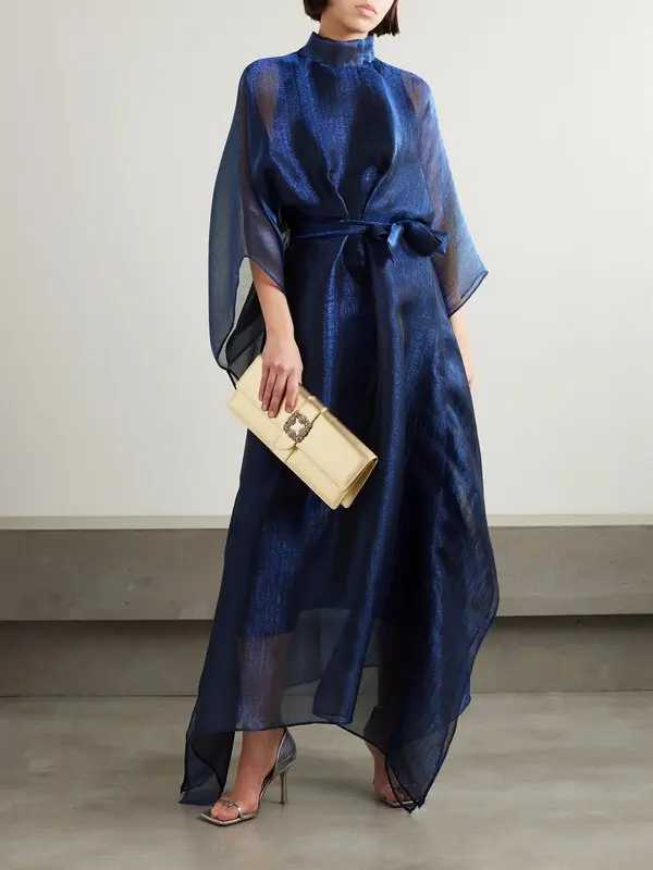 TALLER MARMO Oceano Belted Asymmetric Metallic Organza Turtleneck Gown