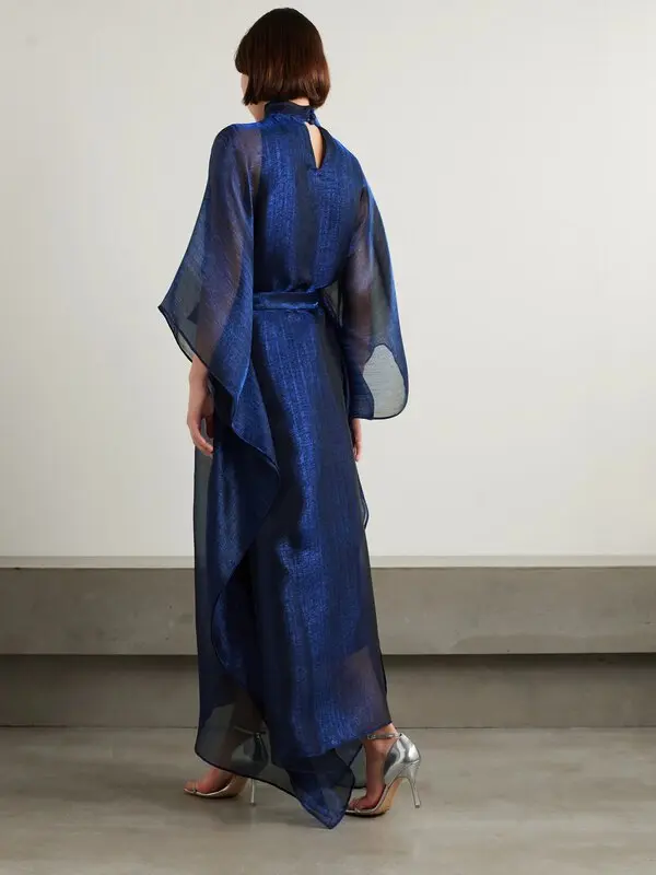 TALLER MARMO Oceano Belted Asymmetric Metallic Organza Turtleneck Gown