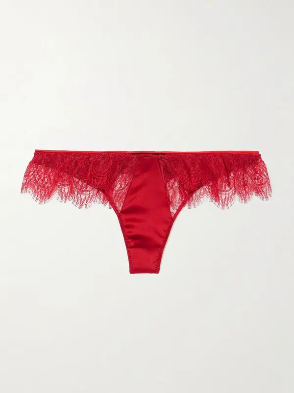 Kiki De Montparnasse Camaret Lace-trimmed Stretch-silk Thong - Red