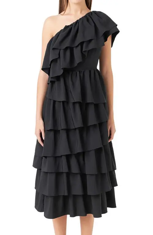 Endless Rose Ruffle One-shoulder Midi Dress - Black