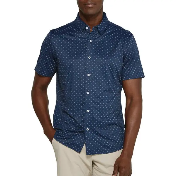 7 Diamonds Alfie Dot Print Short Sleeve Performance Button-up Shirt - Navy