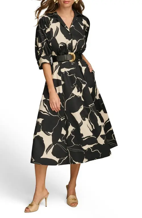 Donna Karan New York Floral Stretch Cotton Midi Shirt Dress