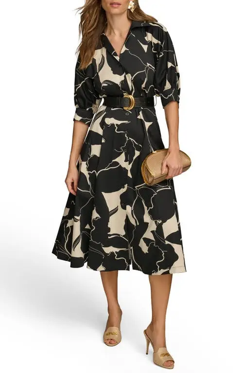 Donna Karan New York Floral Stretch Cotton Midi Shirt Dress