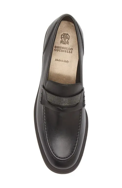 Brunello Cucinelli Monili Trim Leather Loafer - Black