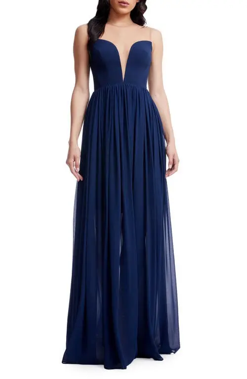 Dress The Population Eleanor Illusion Neck Gown - Navy