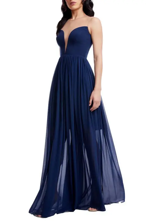 Dress The Population Eleanor Illusion Neck Gown - Navy