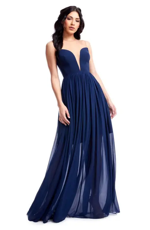Dress The Population Eleanor Illusion Neck Gown - Navy