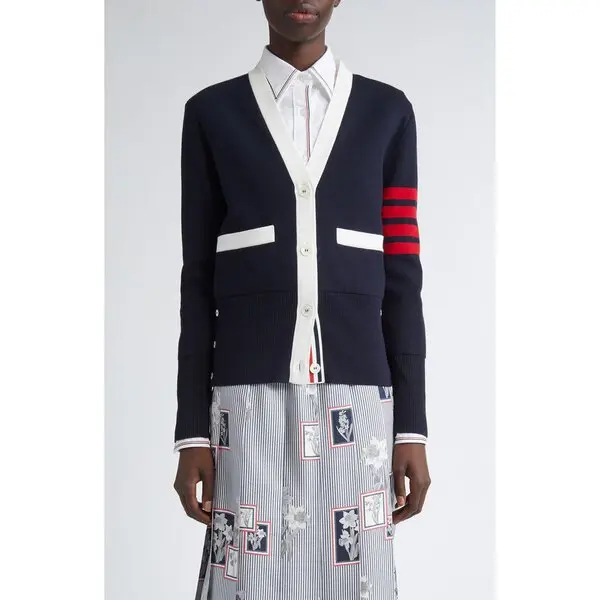 Thom Browne 4-bar Trim Cotton Cardigan - Navy