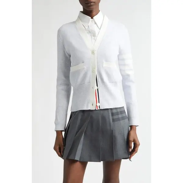 Thom Browne 4-bar Trim Cotton Cardigan - Pale Grey