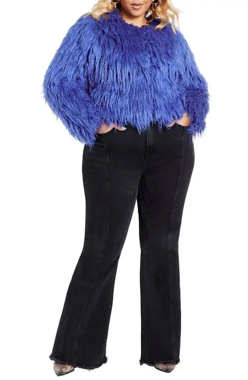 City Chic Blakely Faux Fur Cropped Jacket - Dazzling Blue