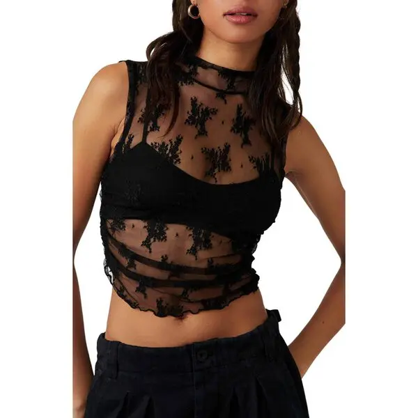 Free People Sheer Lace Tank - Black
