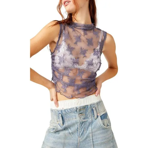 Free People Sheer Lace Tank - Blue Granite