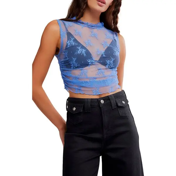 Free People Sheer Lace Tank - Cornflower Blue