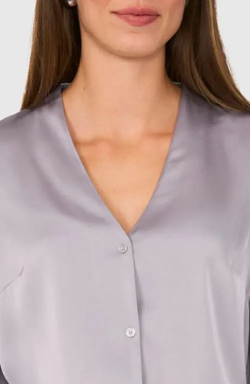 Halogen Collarless Satin Button-up Shirt - Ultimate Grey