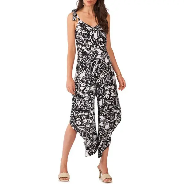 Vince Camuto Tie Shoulder Crop Asymmetric Wide Leg Jumpsuit - Rich Black