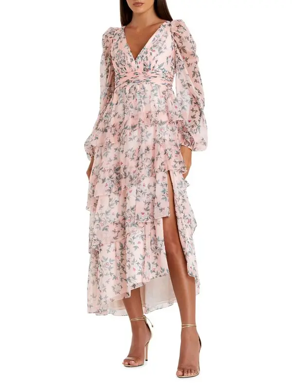 Mac Duggal Floral Chiffon Tiered Midi-dress - Blush Multi