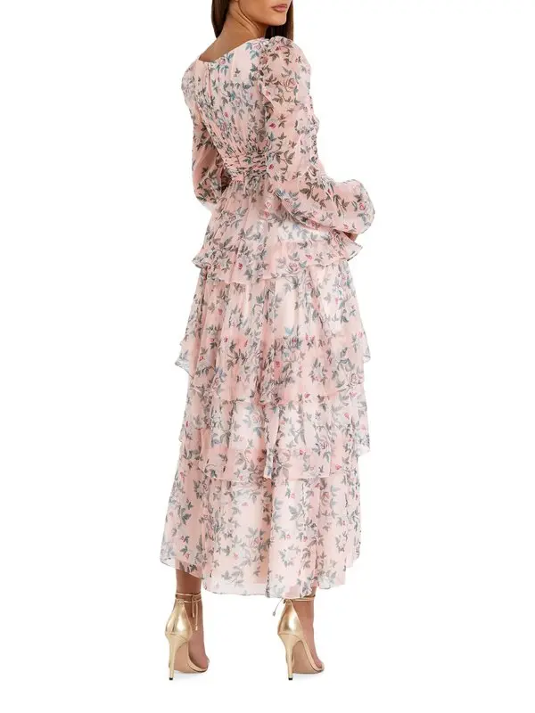 Mac Duggal Floral Chiffon Tiered Midi-dress - Blush Multi