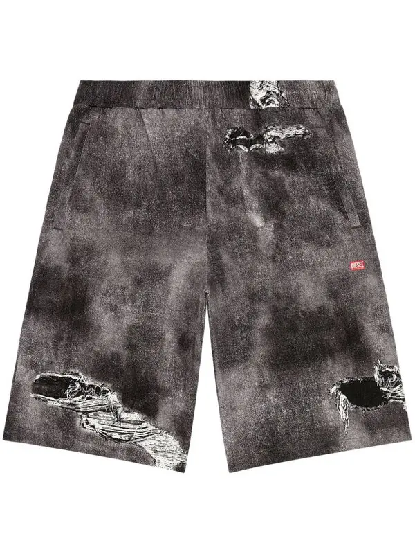 DIESEL® Distressed-print Cotton Track Shorts