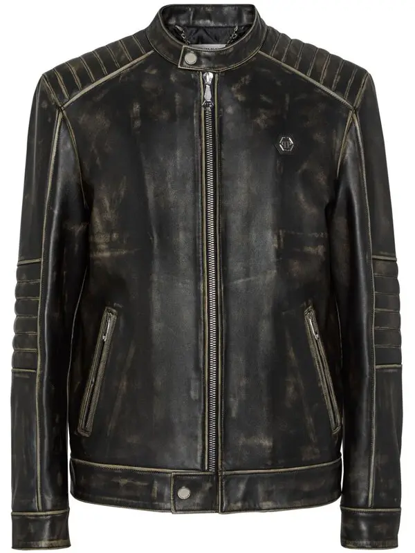 Philipp Plein Distressed Leather Moto Jacket