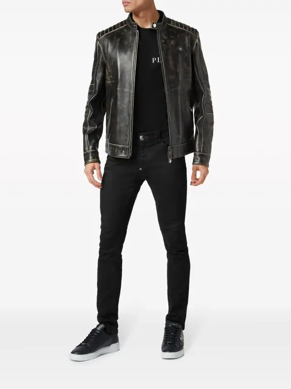Philipp Plein Distressed Leather Moto Jacket