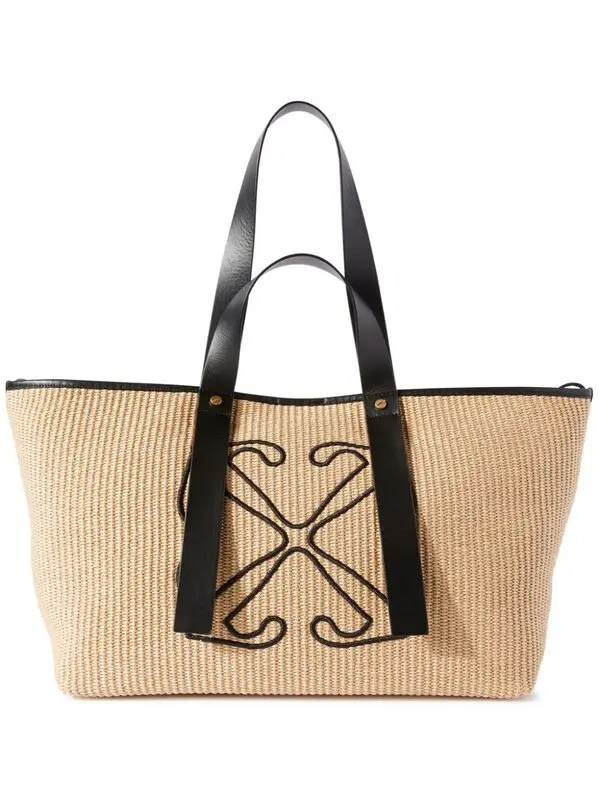 Off-White Neutral Arrows Raffia Tote Bag