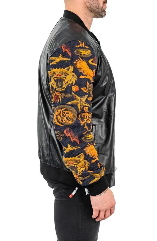 MACEOO Skull Sleeve Leather Bomber Jacket
