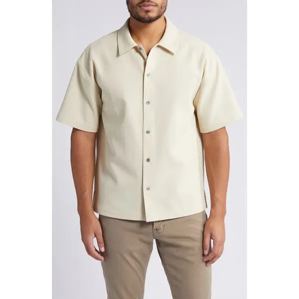 FRAME Textured Short Sleeve Button-up Shirt - Beige