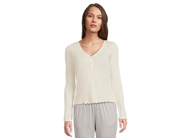 Eberjey Pointelle V-neck Henley Pajama Top - Ivory