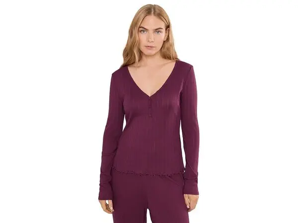 Eberjey Pointelle V-neck Henley Pajama Top - Wildberry