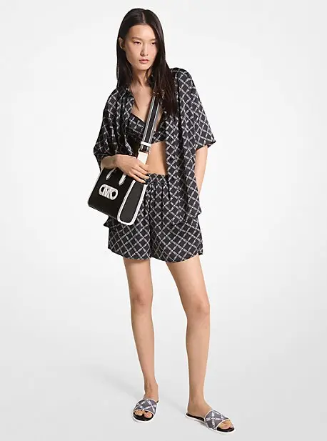 Michael Kors Empire Logo Print Satin Camp Shirt