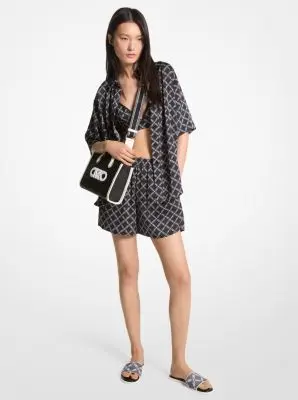 Michael Kors Empire Logo Print Satin Camp Shirt