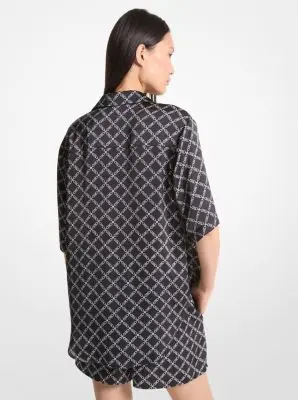 Michael Kors Empire Logo Print Satin Camp Shirt
