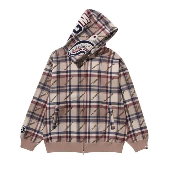 A BATHING APE Logo Check Pattern Shark Full Zip Hoodie 'beige - Tan