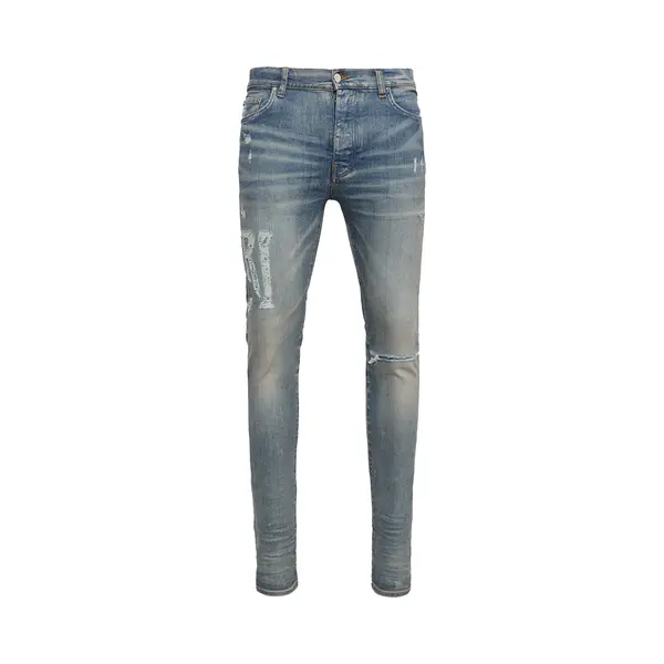Amiri Distressed Logo Straight Leg Jean - Blue