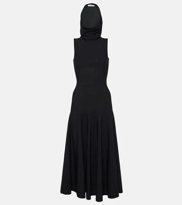 Alaïa Hooded Jersey Midi Dress - Black
