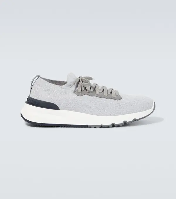 Brunello Cucinelli Leather-trimmed Knitted Sneakers - Grey