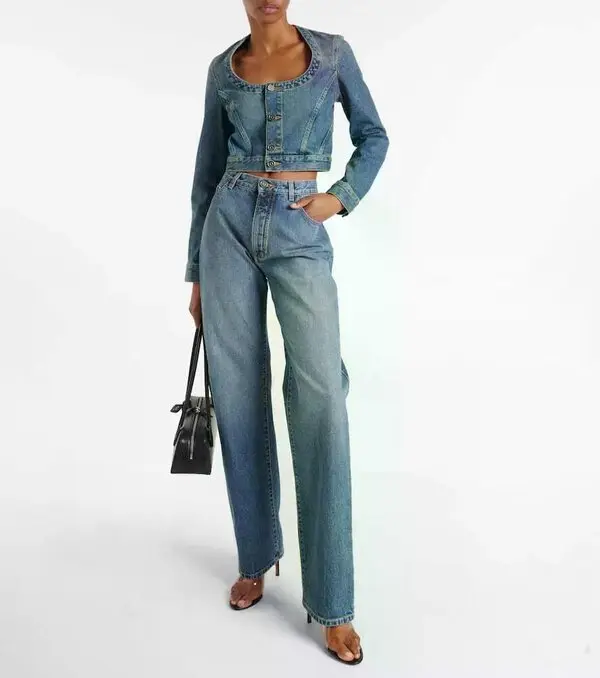 Alaïa Cropped Denim Jacket With Hood - Blue