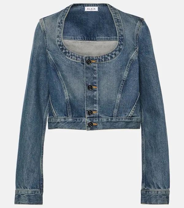 Alaïa Cropped Denim Trucker Jacket - Blue