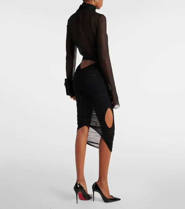 MUGLER Cutout Draped Mesh Midi Skirt