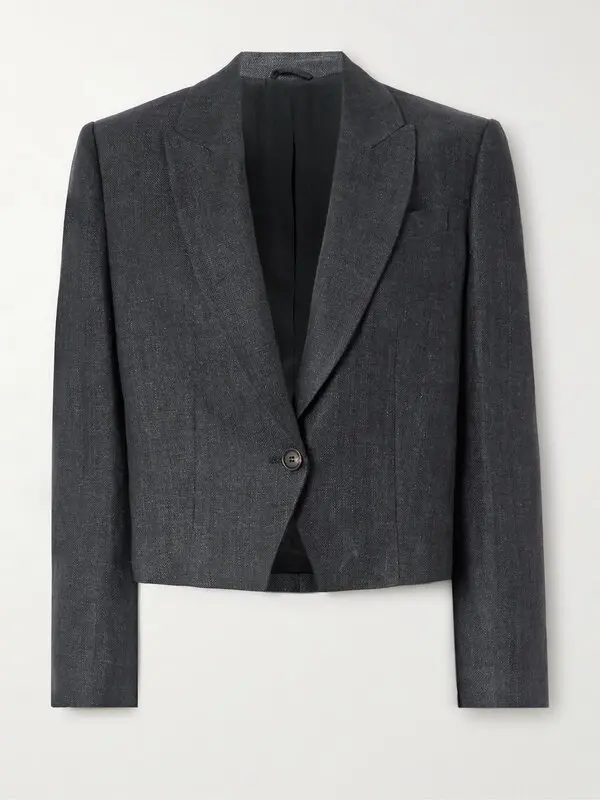 Brunello Cucinelli Cropped Herringbone Linen Blazer - Black