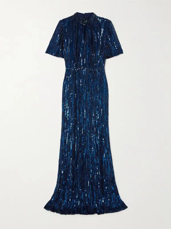 jenny packham navy beaded dress 2000s Jenny Packham Navy White Sequin and Beaded Column Dress  CIRCA  VINTAGE