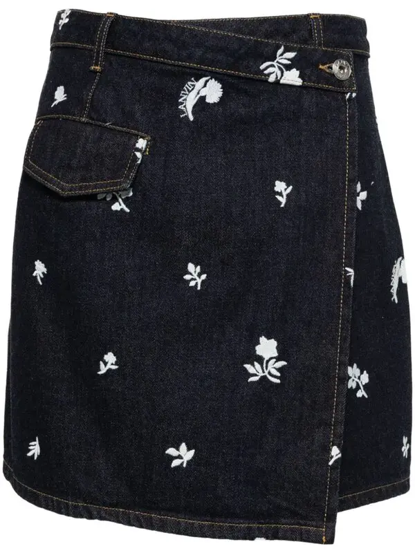 LANVIN Floral Embroidered Denim Skirt - Blue