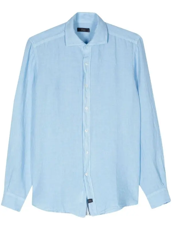 FAY Cutaway Collar Linen Shirt - Blue