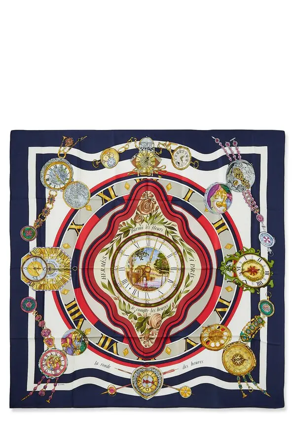 Hermès Multicolor 'parmi Les Fleurs Je Compte Les Heures' Silk Scarf 90 - Navy