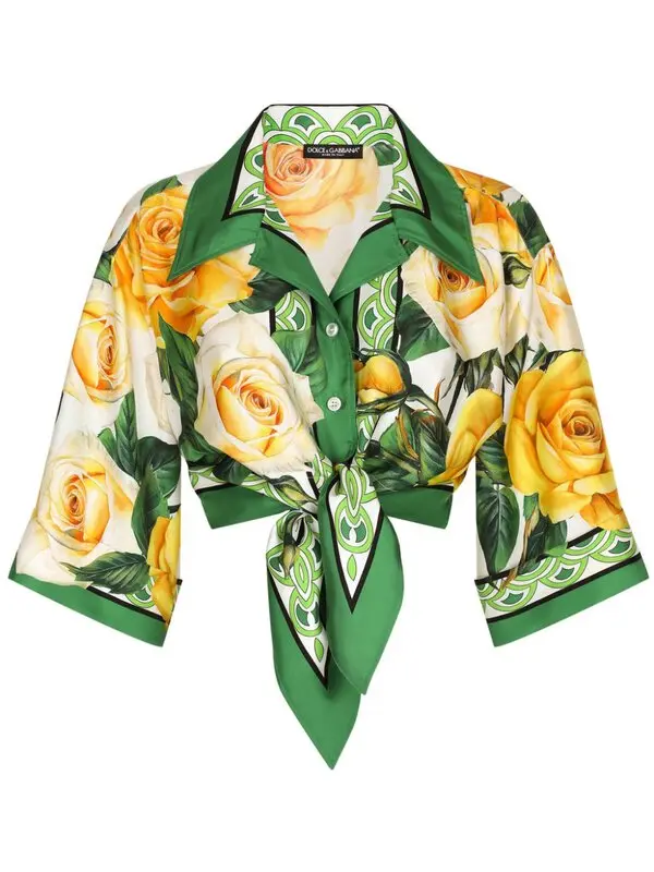 Dolce & Gabbana Rose-print Cropped Silk Shirt - Green