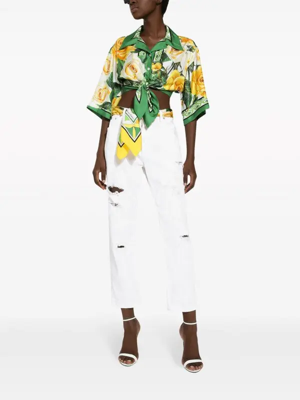 Dolce & Gabbana Rose-print Cropped Silk Shirt