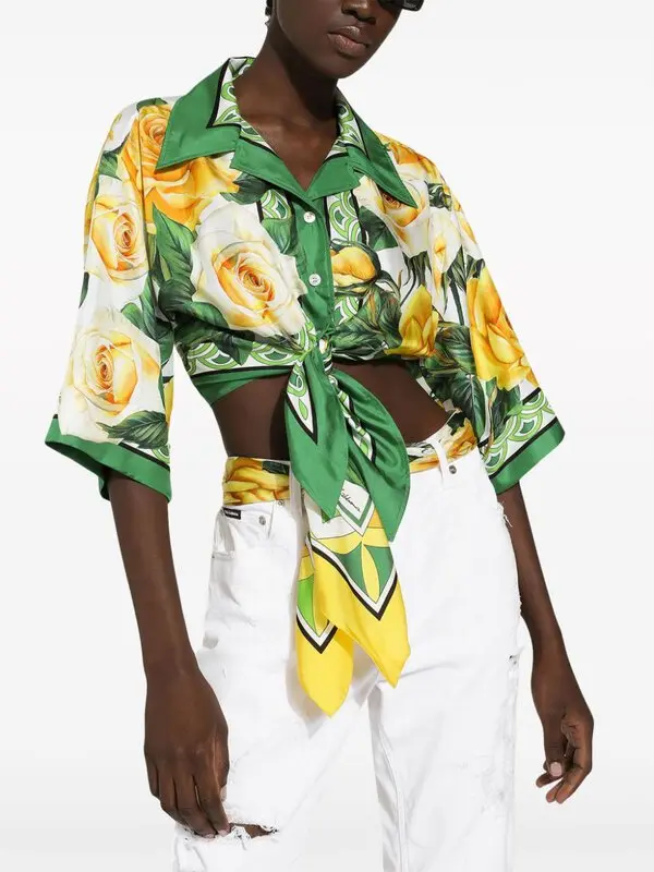 Dolce & Gabbana Rose-print Cropped Silk Shirt