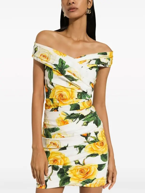 Dolce & Gabbana Off-shoulder Rose-print Dress