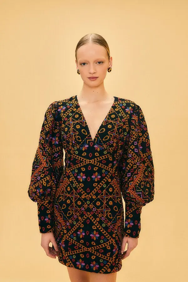embroidered corduroy dress Corduroy Western Embroidered Patched Pocket Shift Sleeveless Mini Dress Ochre / M main image 1