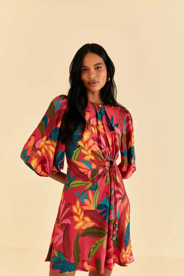 Farm Rio Active Red Rooster Leaves Long Sleeve Mini Dress - Rooster Leaves  Red | Editorialist